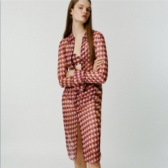 Zara | Swim | Zara Retro Geometric Long Line Bottun Front Sheer Cover ...